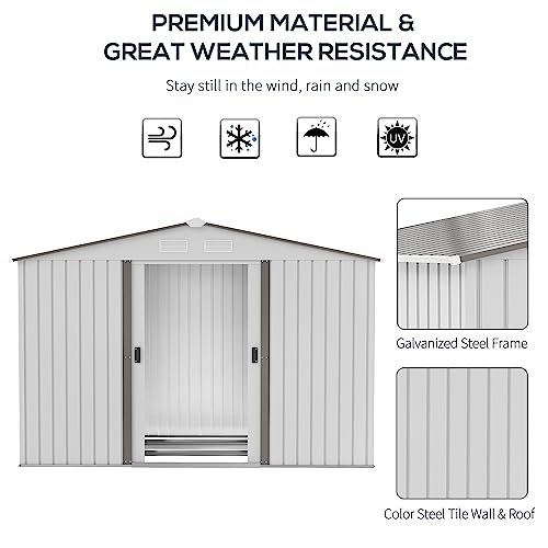 Outsunny 9' x 6' Metal Storage Shed, Garden Tool House with Floor Foundation, Double Sliding Doors, 4 Air Vents for Backyard, Patio, Lawn, Silver