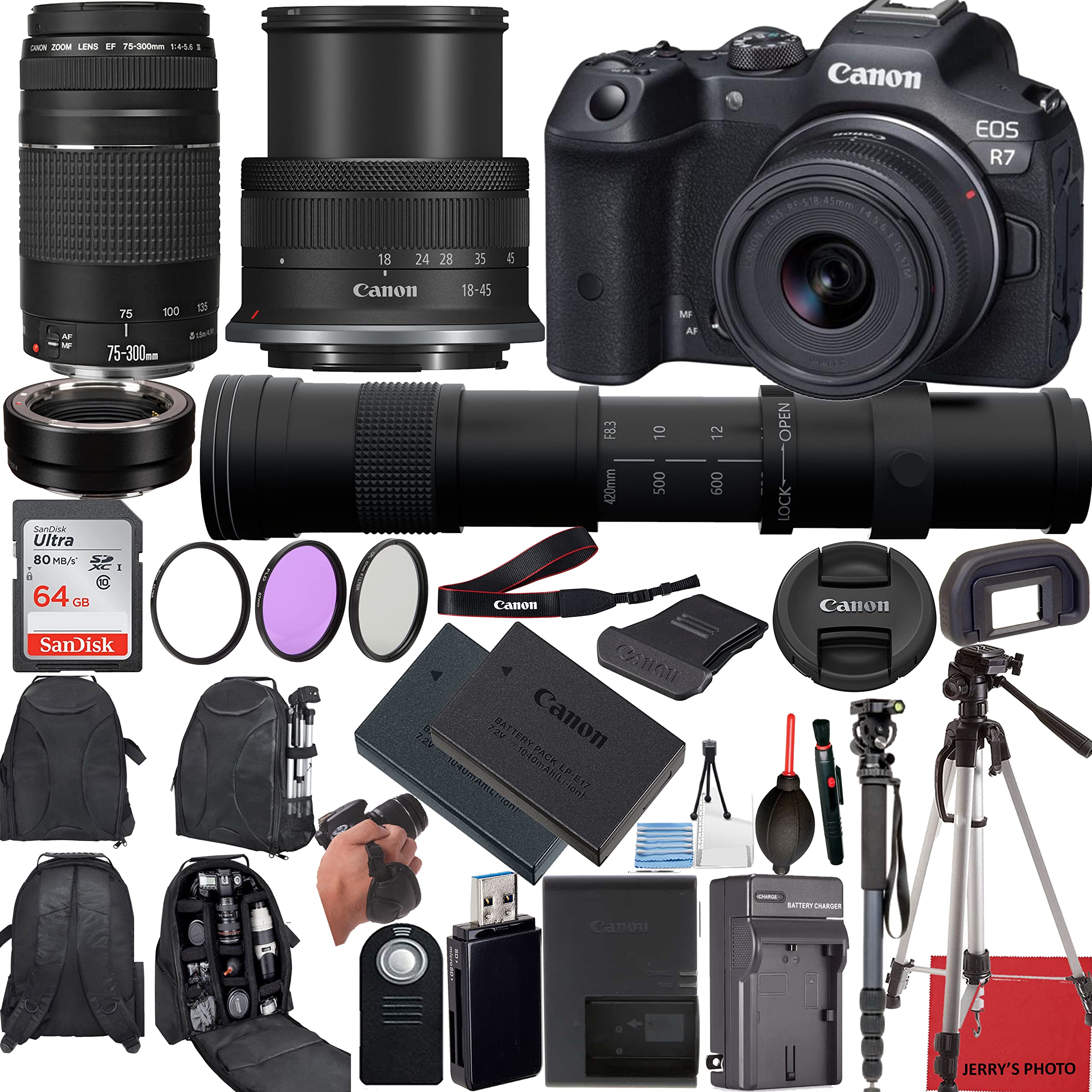 Canon EOS R7 Mirrorless Camera with 18-45mm, EF 75-300mm & 420-800mm Lenses + Mount Adapter + 20 Essential Accessories for Content Creators