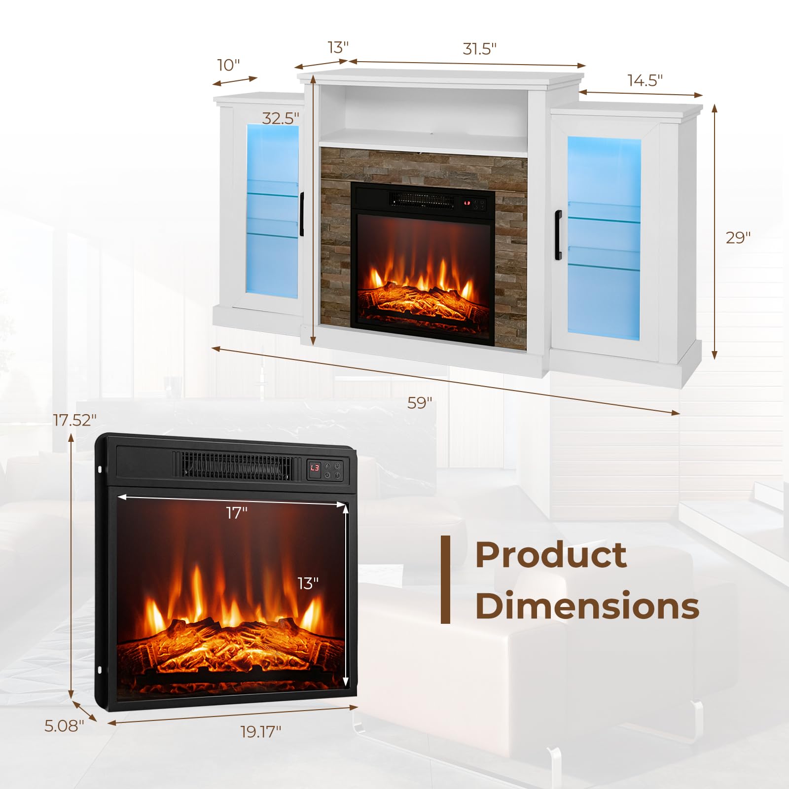 COSTWAY Electric Fireplace TV Stand for TVs Up to 65 Inches, 18-inch Fireplace Insert with APP Control, Remote Control, 16 Color Lights, Wooden Entertainment Center with Adjustable Shelves, White