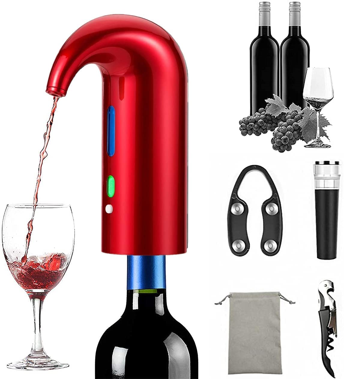 Electric Wine Aerator Pourer, Portable One-Touch Wine Decanter and Wine Dispenser Pump for Red and White Wine Smart Automatic Wine Oxidizer Dispenser USB Rechargeable Spout Pourer (Red)