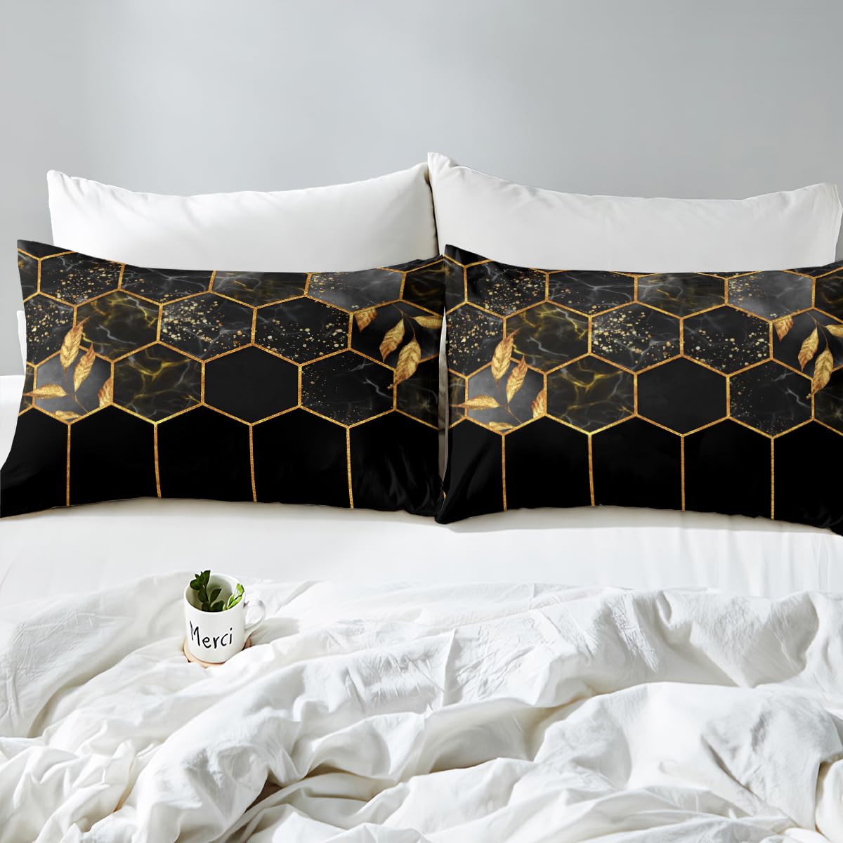 Marble Duvet Cover King, Black Grey Geometric Gold Plaid Bedding Set, Modern Luxury Diamond Comforter Cover with Metallic Stripe Printed Beehive Hexagon Grid Quilt Cover with Pillow Shams,Honeycomb