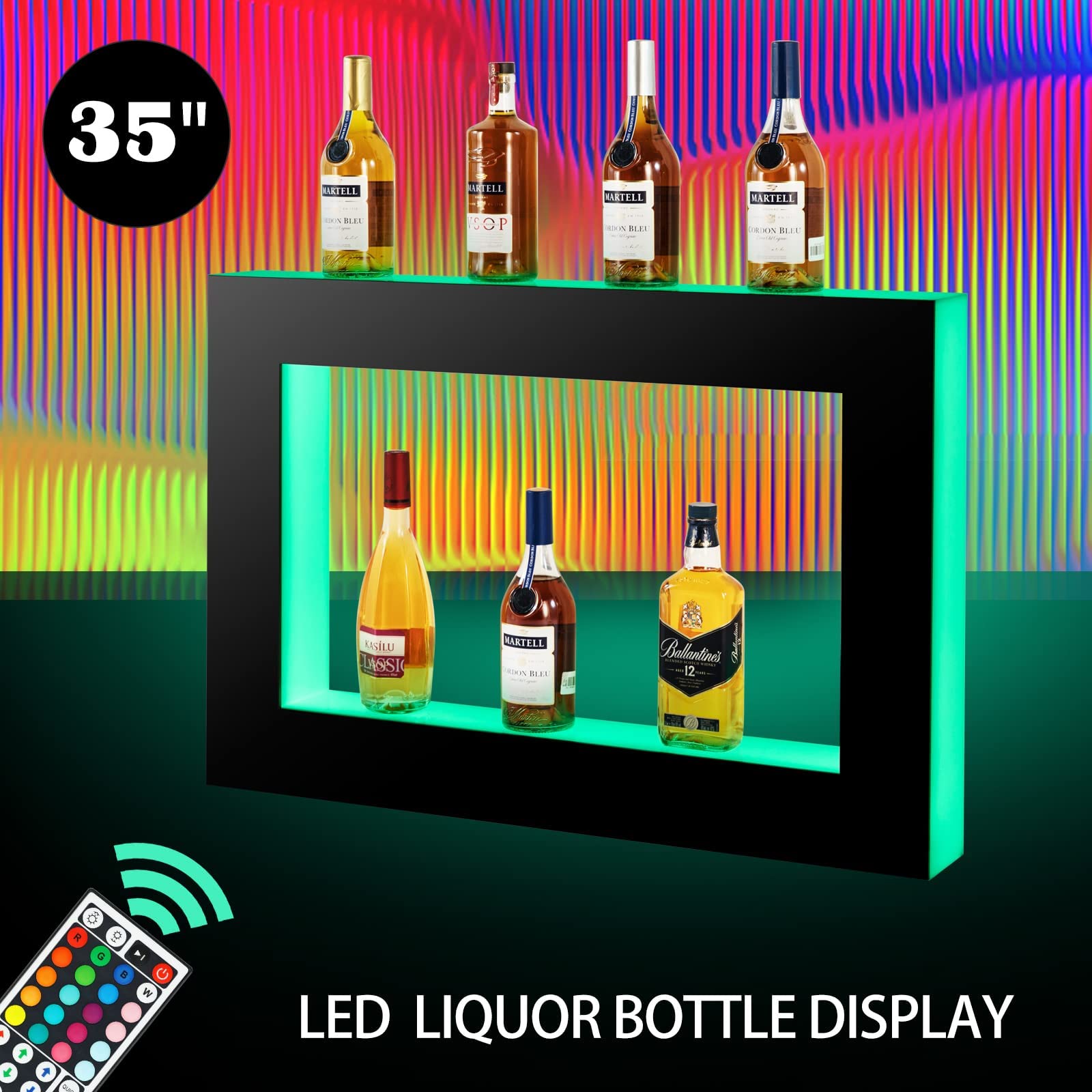 COSVALVE 3 Step Lighted Liquor Bottle Display Shelf, 16 Inch 20 Color Illuminated Bar Bottle Shelf 3-Tier Commercial Home Bar Bottle Display Drinks Acrylic Lighting Shelves with 44-Key Remote Control