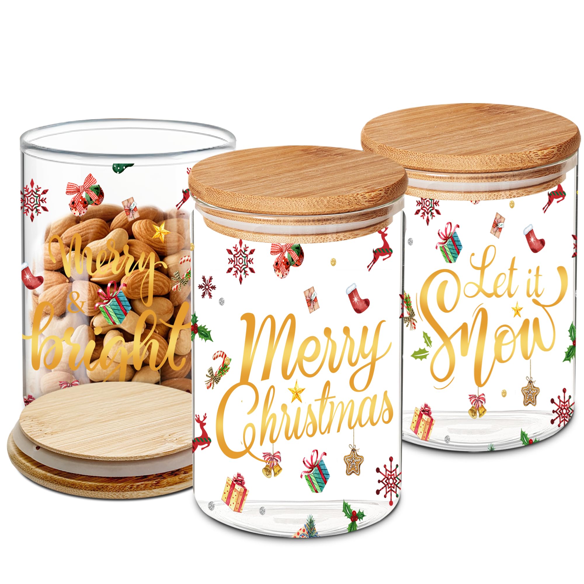 Christmas Decor 3 Pack Glass Storage Jars with Airtight Bamboo Lid - Merry Christmas Canisters Sets for Kitchen Countertop - Clear Christmas Glass Storage Jars for Coffee Bean, Cookie, Candy, Tea
