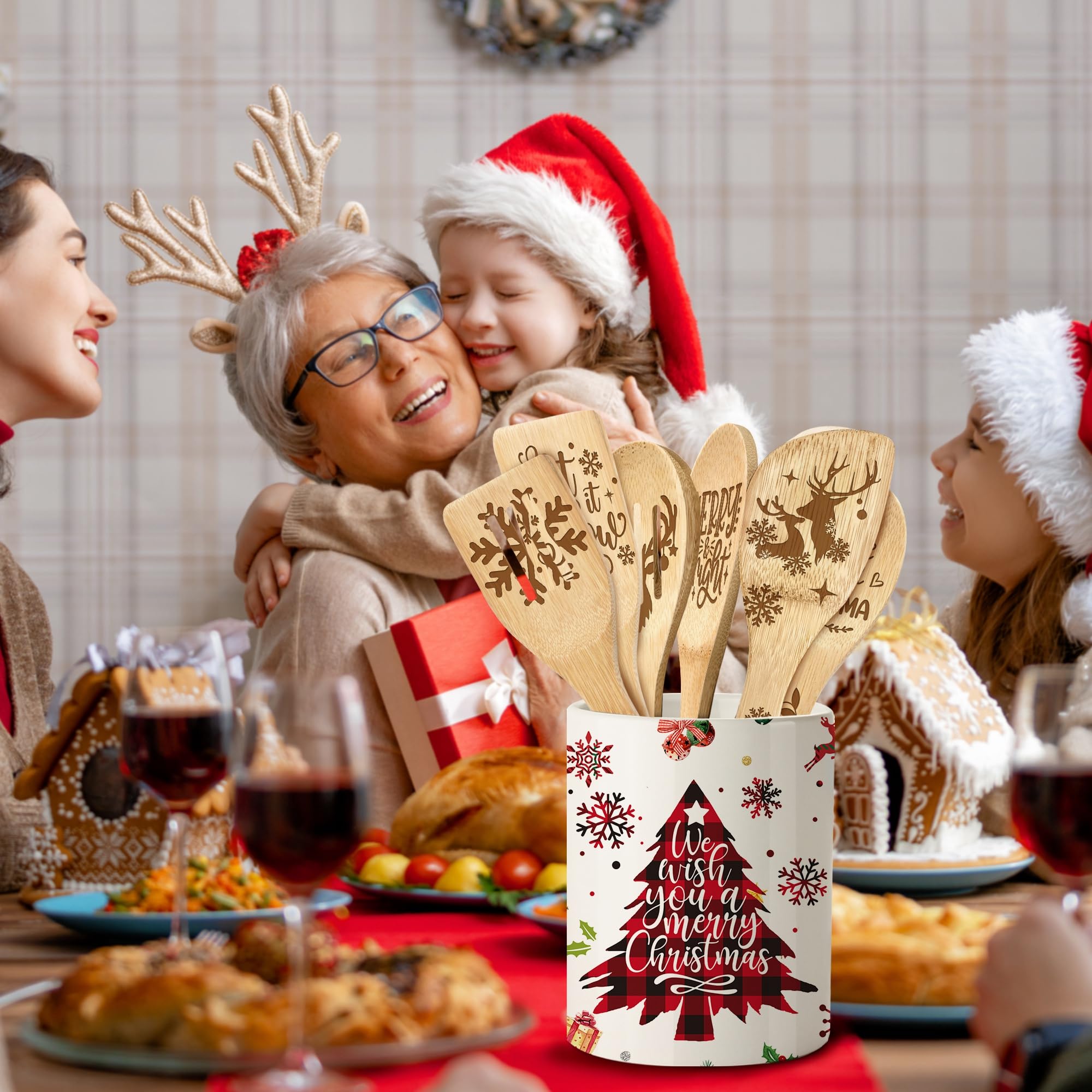 Christmas Decorations, Christmas Utensil Holder for Kitchen Counter, Christmas Tree Indoor Kitchen Decor for Countertop, Kitchen Utensil Organizer with Bamboo Utensils Set(5.12" x 5.12" x 6.3")