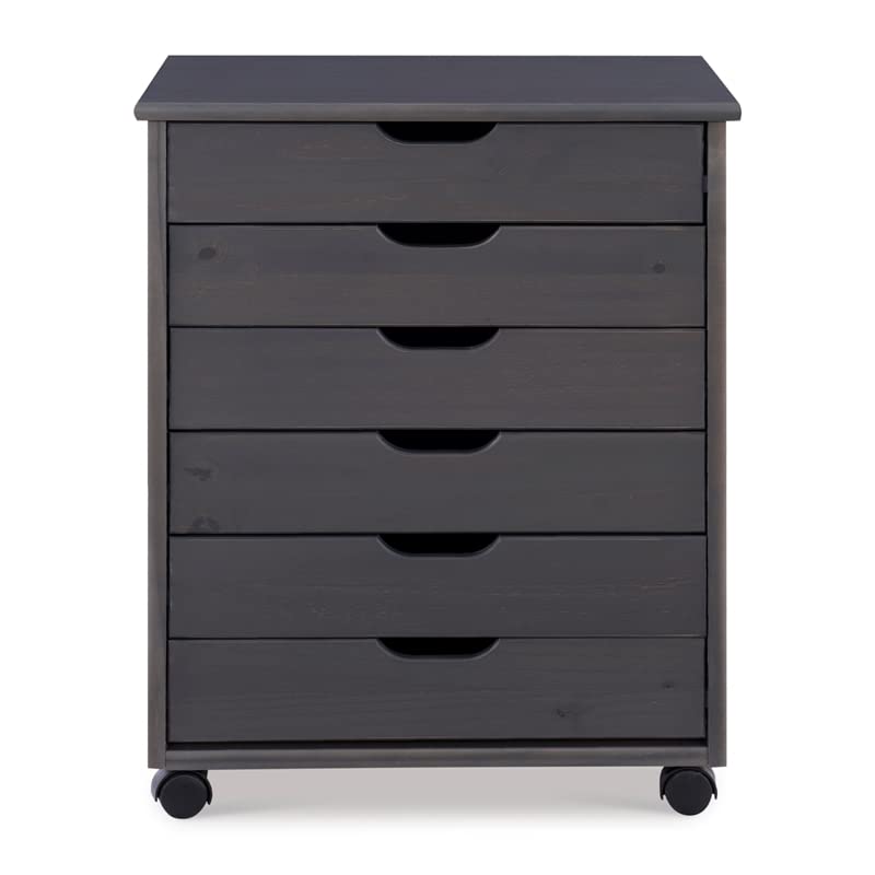 Linon Callie Multipurpose Six Drawer Dresser Wide Wood Rolling File Cabinet Storage Cart with Casters in Gray