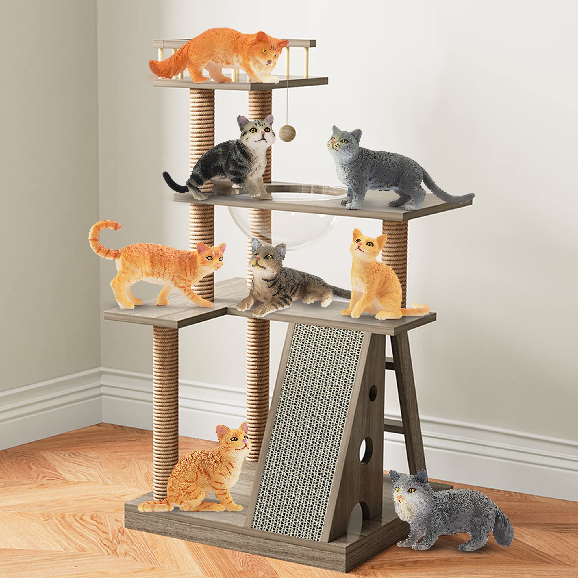 Toymany 8PCS Grey & Orange Cat Figurines Set, Realistic Cat Figures Kitten Toys, Cat Cake Toppers Christmas Birthday Gift for Kids Children