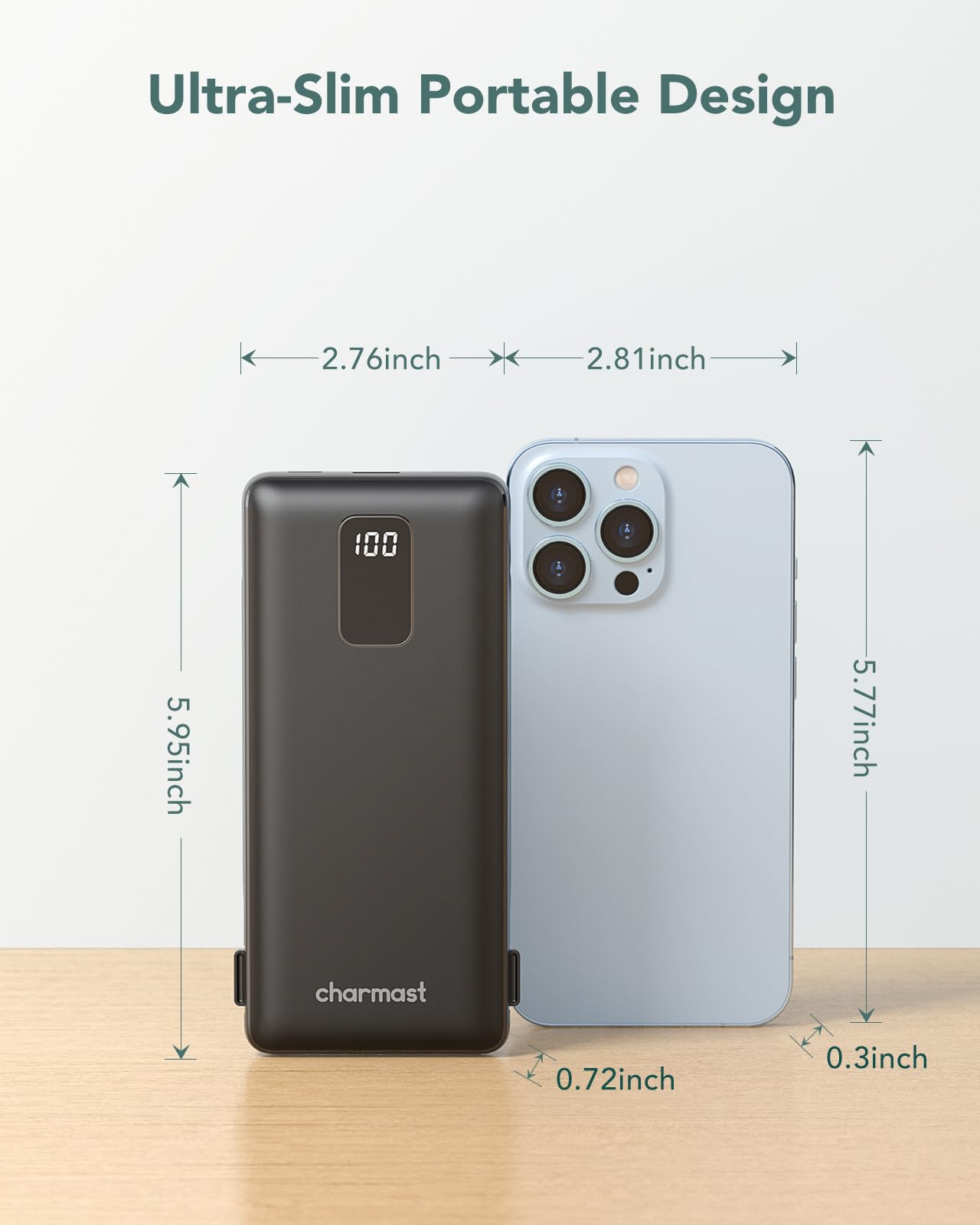 Charmast Portable Charger with Built-in Cables and AC Wall Plug, 10000mAh Compact Slim Power Bank, External Battery Pack, Travel Essentials Compatible with iPhone, Samsung, iPad, All Cellphones