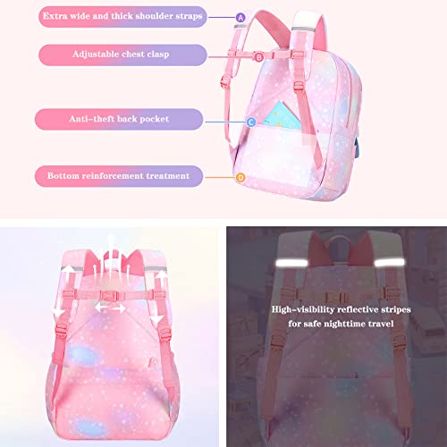 Kawaii Backpack Pink Girls Backpack Starry Rainbow Bookbag Cute Fashion Backpack Laptop Travel Bag (Pink-16.5in)