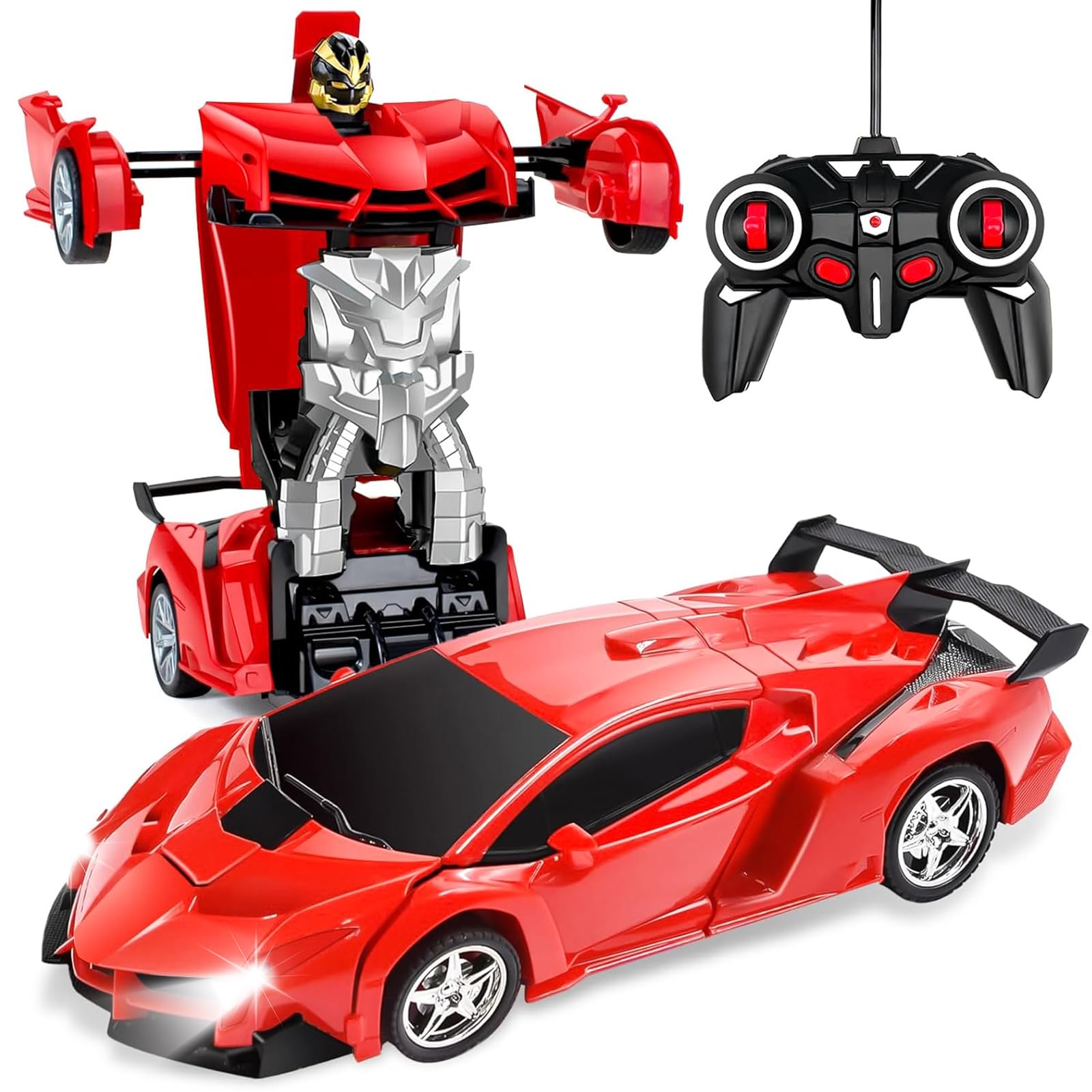 Transformable Remote Control Car for Boys 4-7 8-12 Gifts, 1:18 Transform Robot Toy Car with 360° Rotating Led Lights & One Button Deformation, Kids Robot Toys for 3 4 5 6 7 8 9 10+Years Old, Red