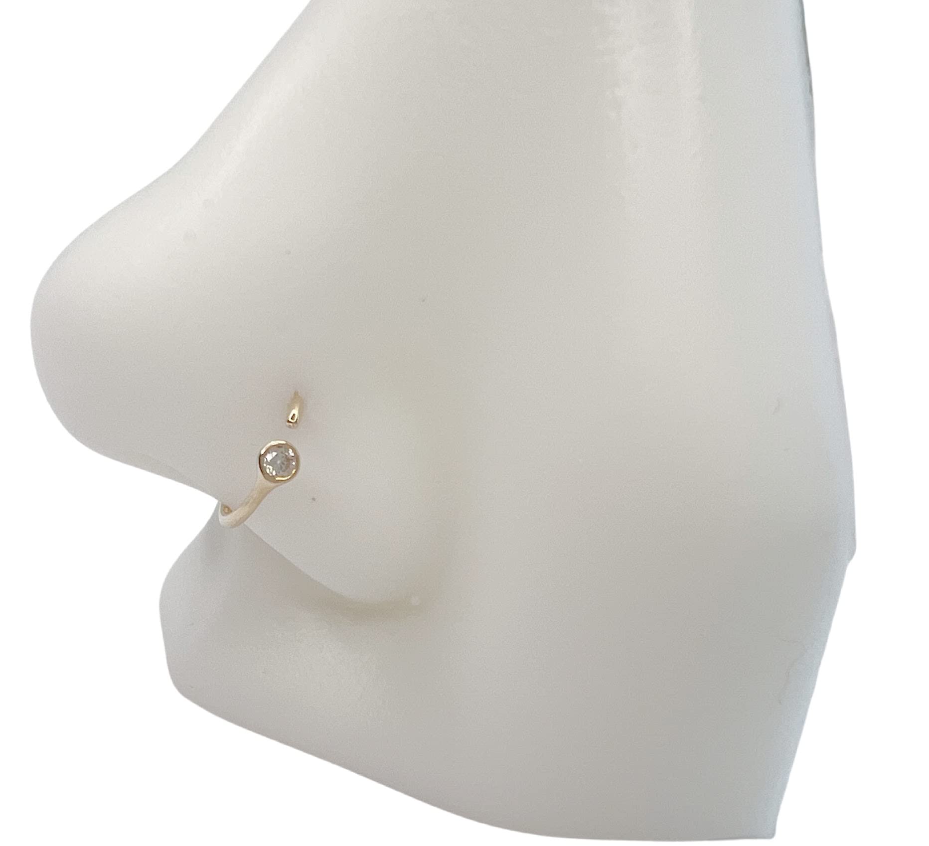 CZ Nose Ring 20 gauge 8 mm 5/16 inch with 2 mm Round CZ, Simulated Diamond Nose Hoop, Bezel Set Cubic Zirconia Nose Jewelry (14k Solid Gold)