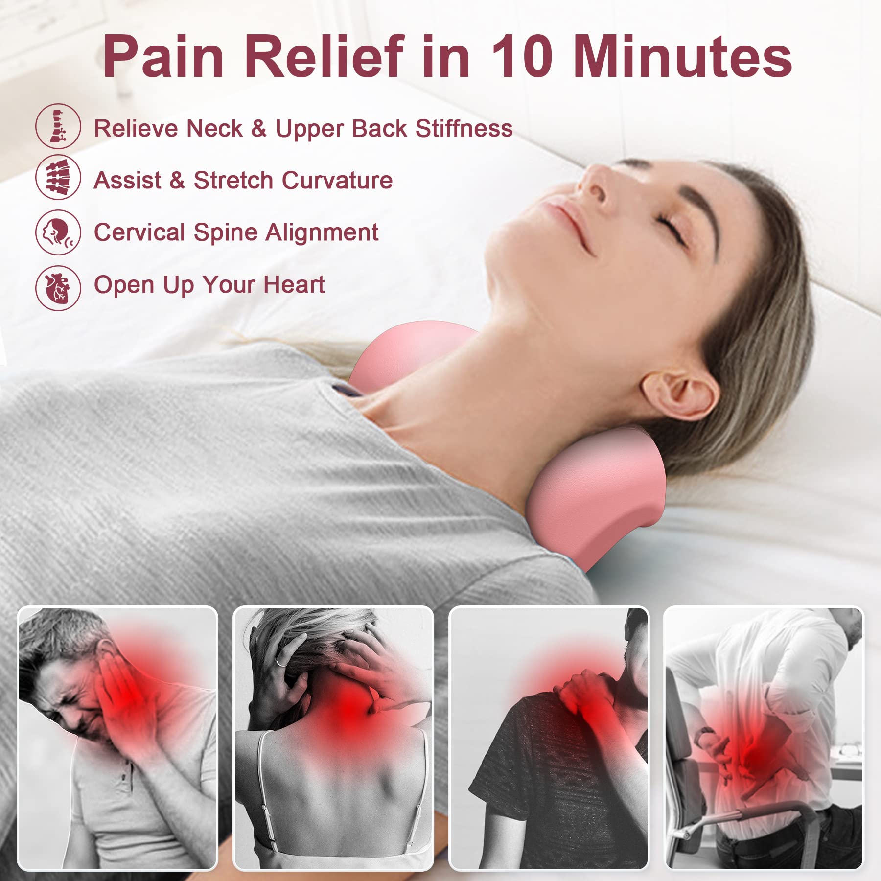 Fanlecy Neck and Shoulder Relaxer with Upper Back Massage Point, Cervical Traction Device Neck Stretcher for TMJ Pain Relief and Cervical Spine Alignment Chiropractic Pillow (Pink)