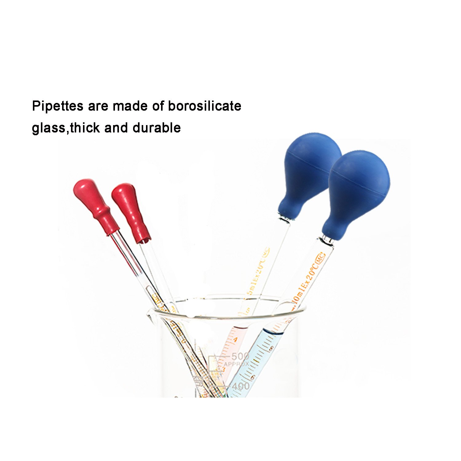 Luckkyme 4pcs Thick Glass Graduated Dropper Pipettes and Liquid Pipettors with Scale Line Silicone Rubber Caps 1ml 2ml 5ml 10ml