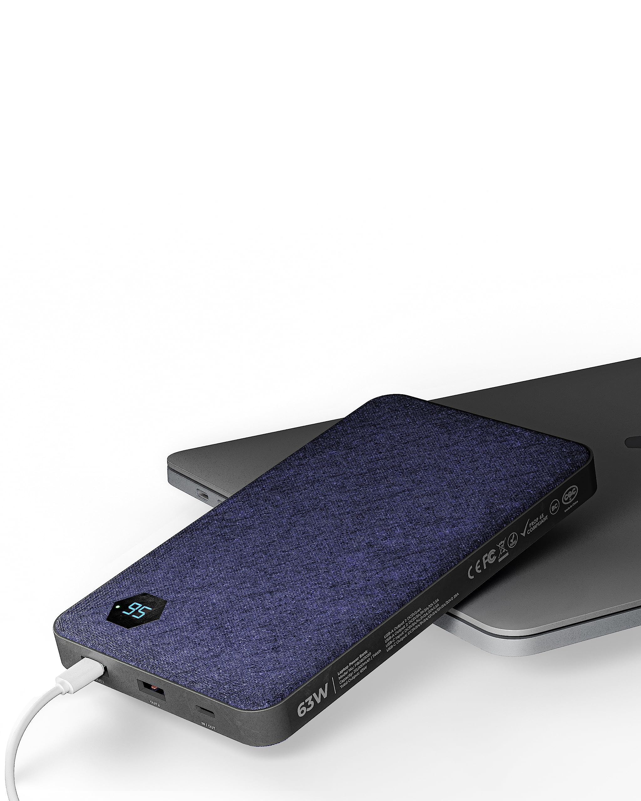EINOVA Laptop Power Bank | Ultra-Fast 20,000mAh Slim Battery Pack in Pink - USB C + USB A, 63W Output | Charge 3 Devices at Once- Phones, Tablets, Laptops, 3ft Cable Included (Gray)