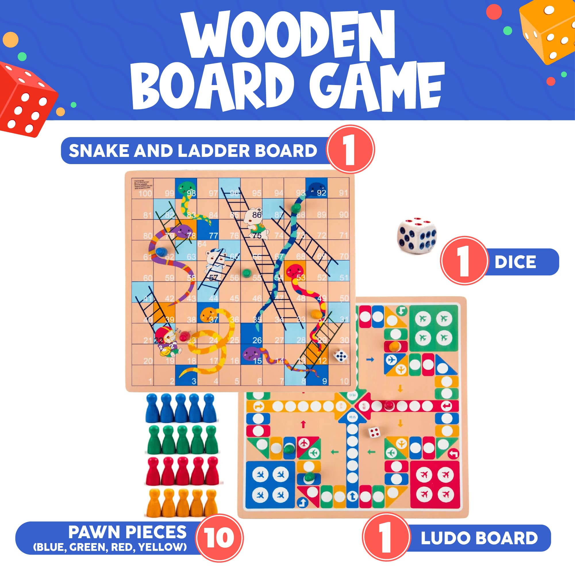 Toysery 2 in 1 Board Games Set. Complete with Ludo Board Game Plus Snakes and Ladders Set