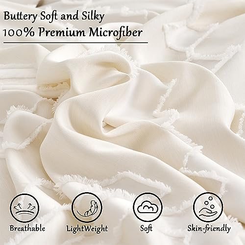 Senville White Duvet Cover Queen Size-Tufted Queen Duvet Cover Set,100% Microfiber Boho Duvet Cover,3PCS Soft and Breathable Textured Shabby Chic Bedding Set with Zipper Closure(White,Queen)