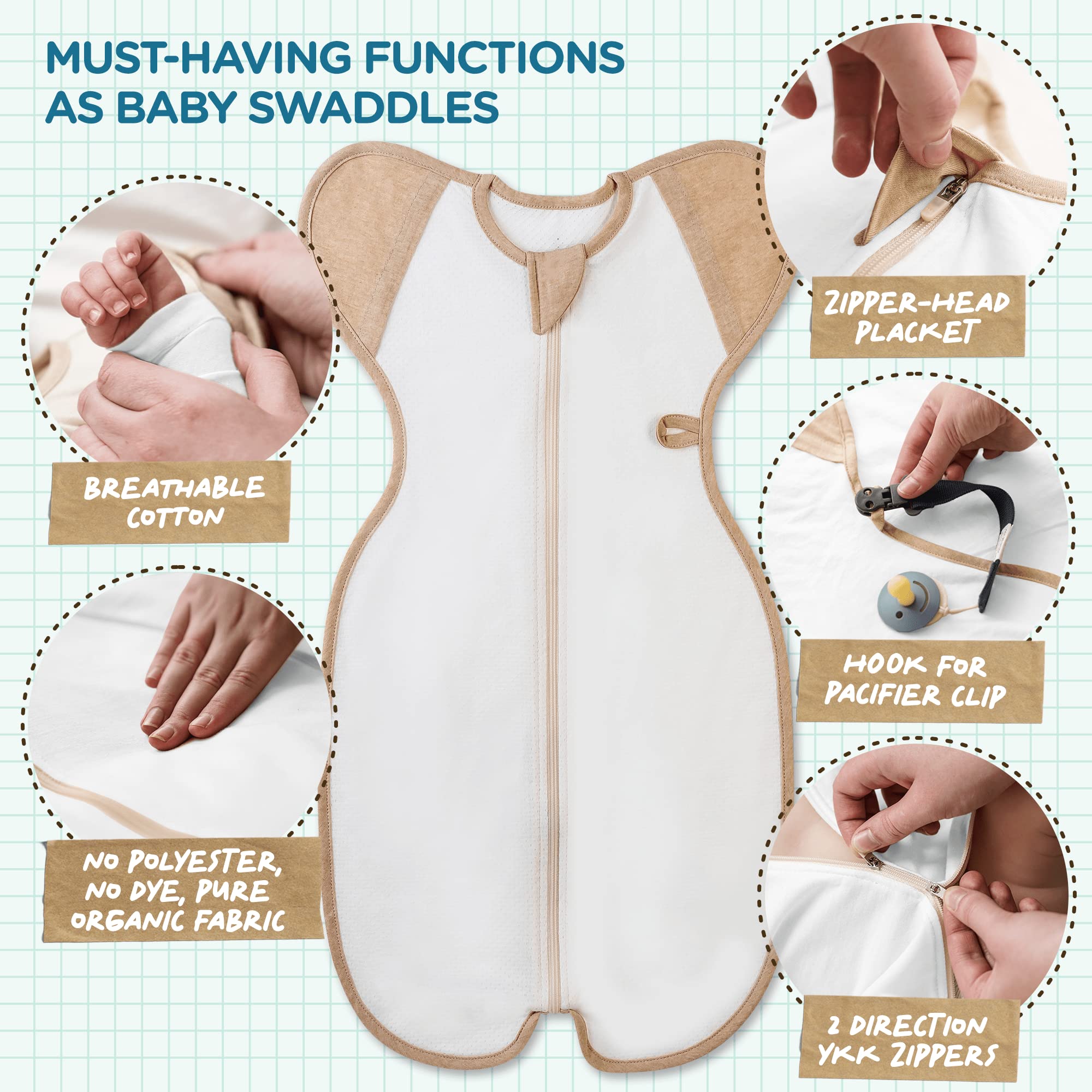 CCOCCOZAM Swaddle, 100% Organic, Air mesh, White, Large, 6-12 momths, 19-26 lbs, Transition Baby Sleep Sack Allow Your Baby to Sleep in a Preferred up-arm Position, Designed for Free Hand Movement