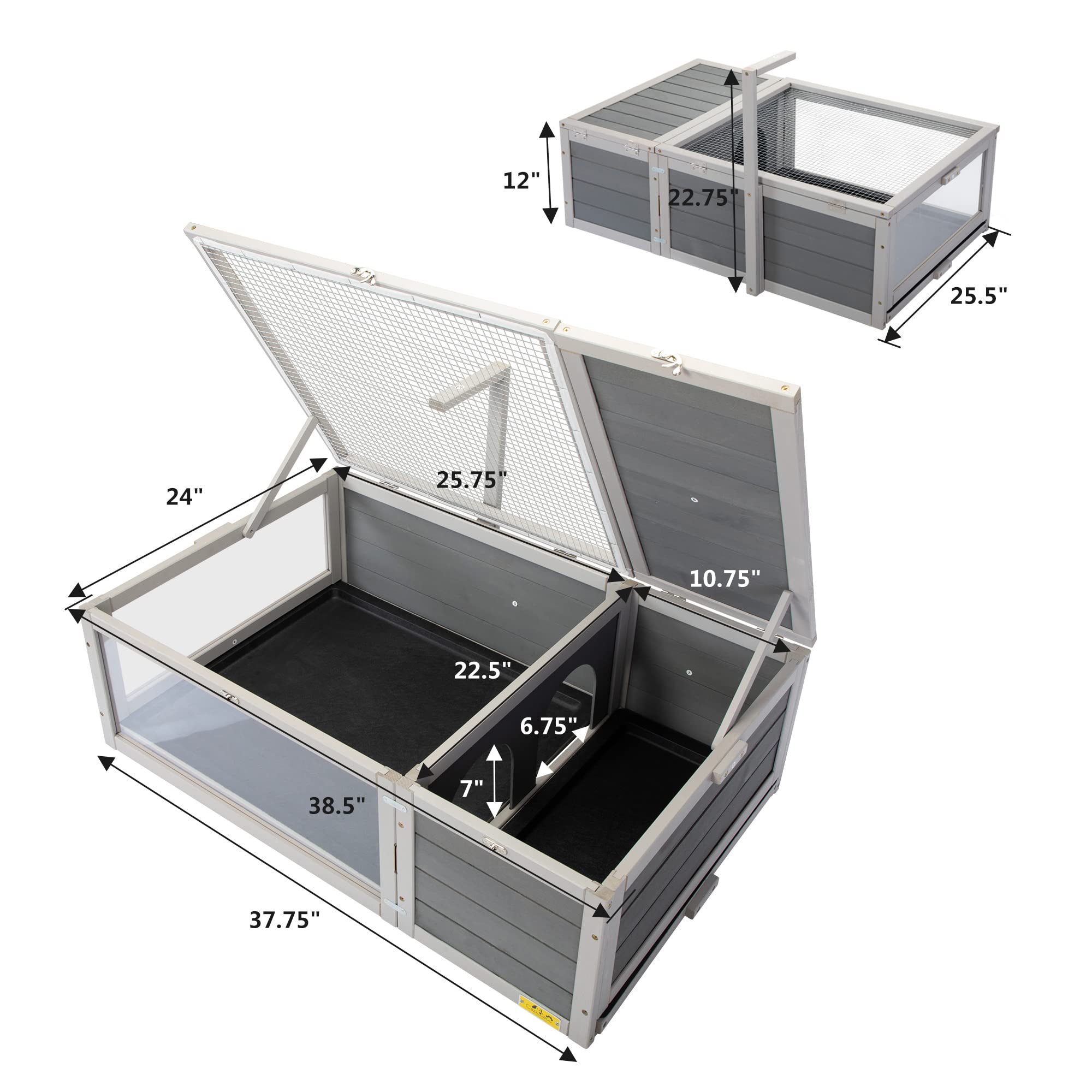 COZIWOW Upgraded Tortoise Habitat, Wood Box Turtle Enclosure with Light Support, Trays, Reptile Cage House for Outdoors, Indoor Tortoise Play, Gray