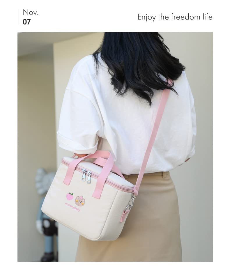 Kawaii Lunch Bag Cute Embroidery Lunch Box Reusable Thermal Cooler Lunch Tote Bag for Back to School Supplies (Pink)