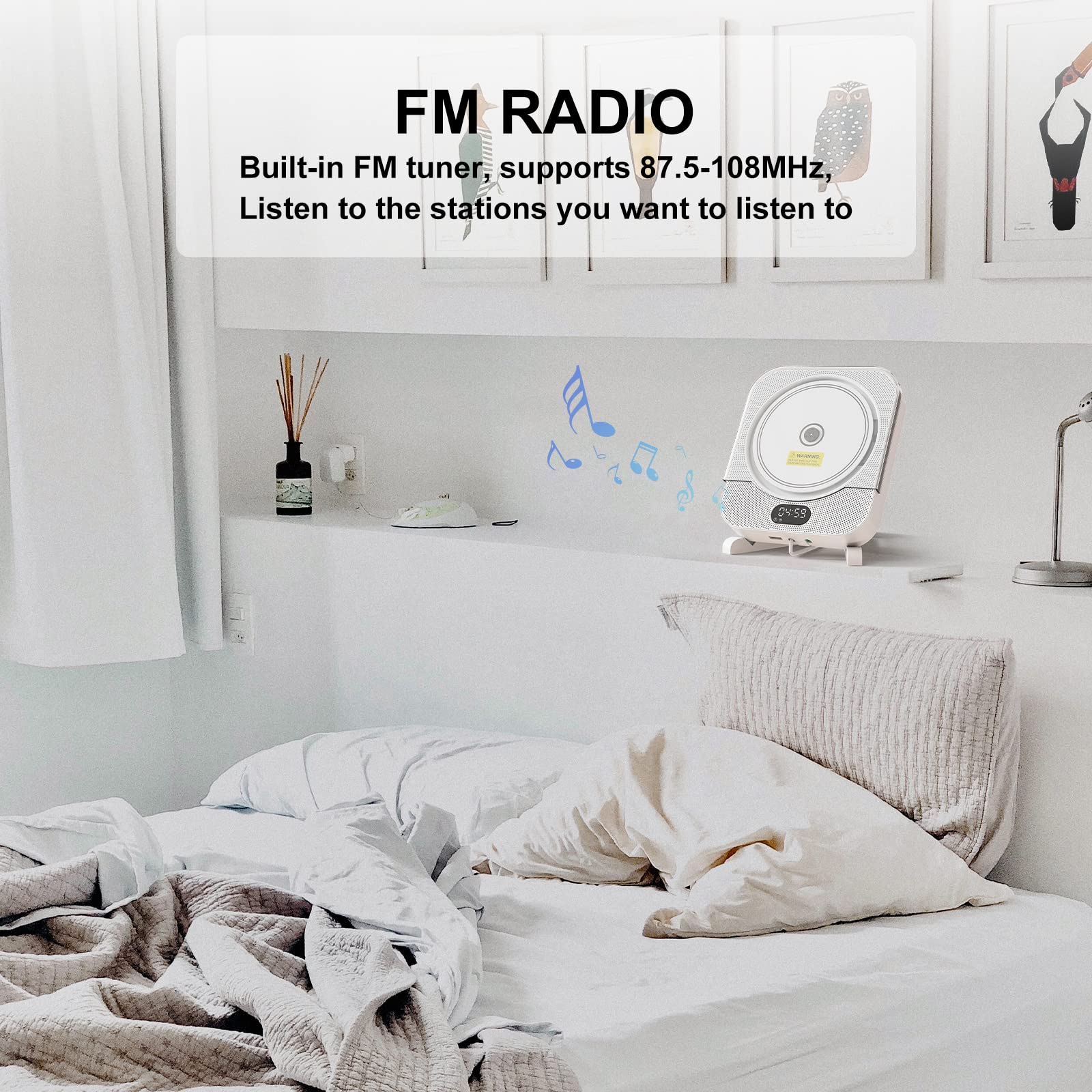CD Player Kpop Wired with Bluetooth Speakers,Wall/Desk CD Players for Home,Stereo Music Player for Kids/Seniors with Boombox,FM Radio with Remote Control,Support LED/Copy/Alarm Clock/USB/TF/AUX-White