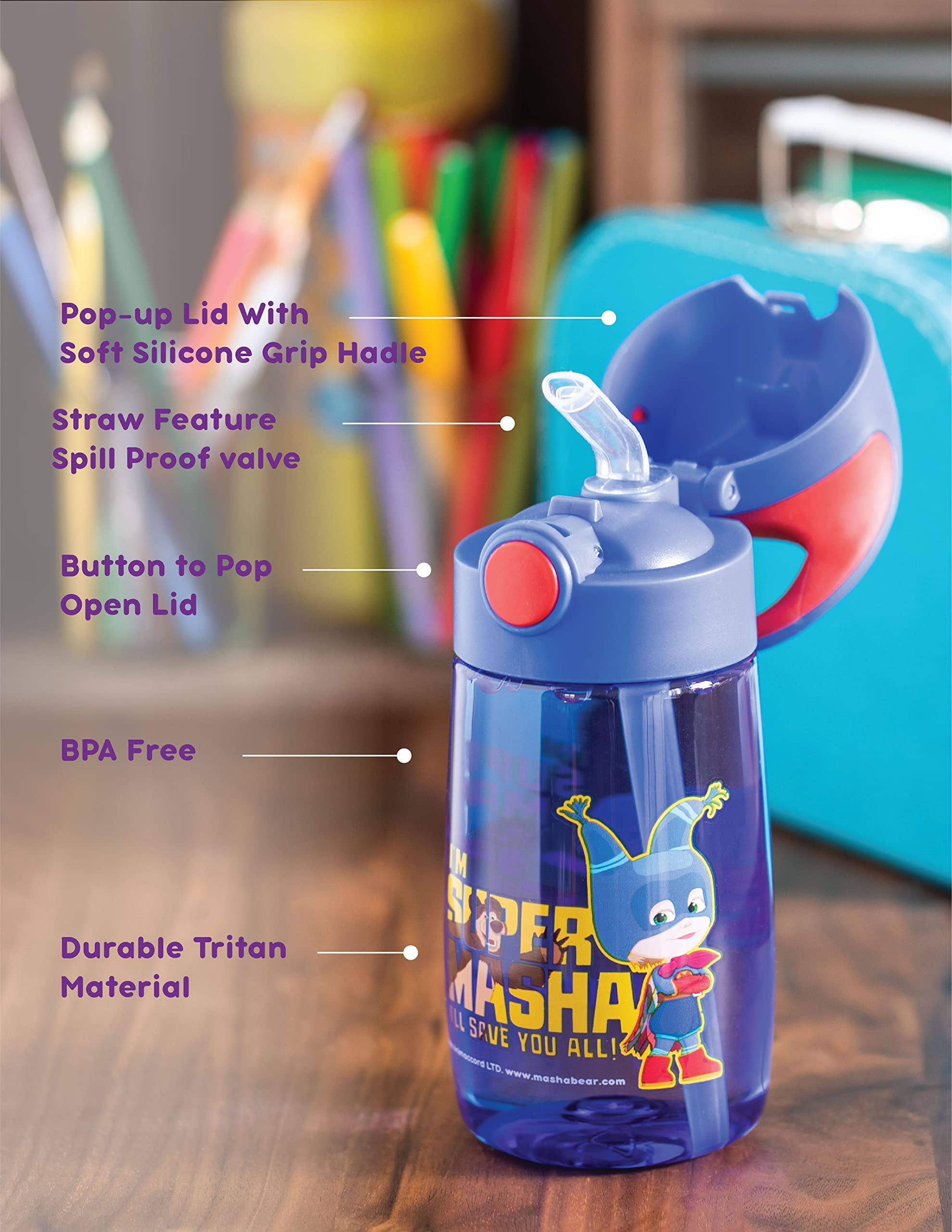 Masha and the Bear 14oz Kids Water Bottle With Straw - Spill Proof Straw Valve, Pop Button, BPA Free Water Bottle for Kids School - Featuring Soft Silicone Handle Grip - Children's Drinkware - Blue