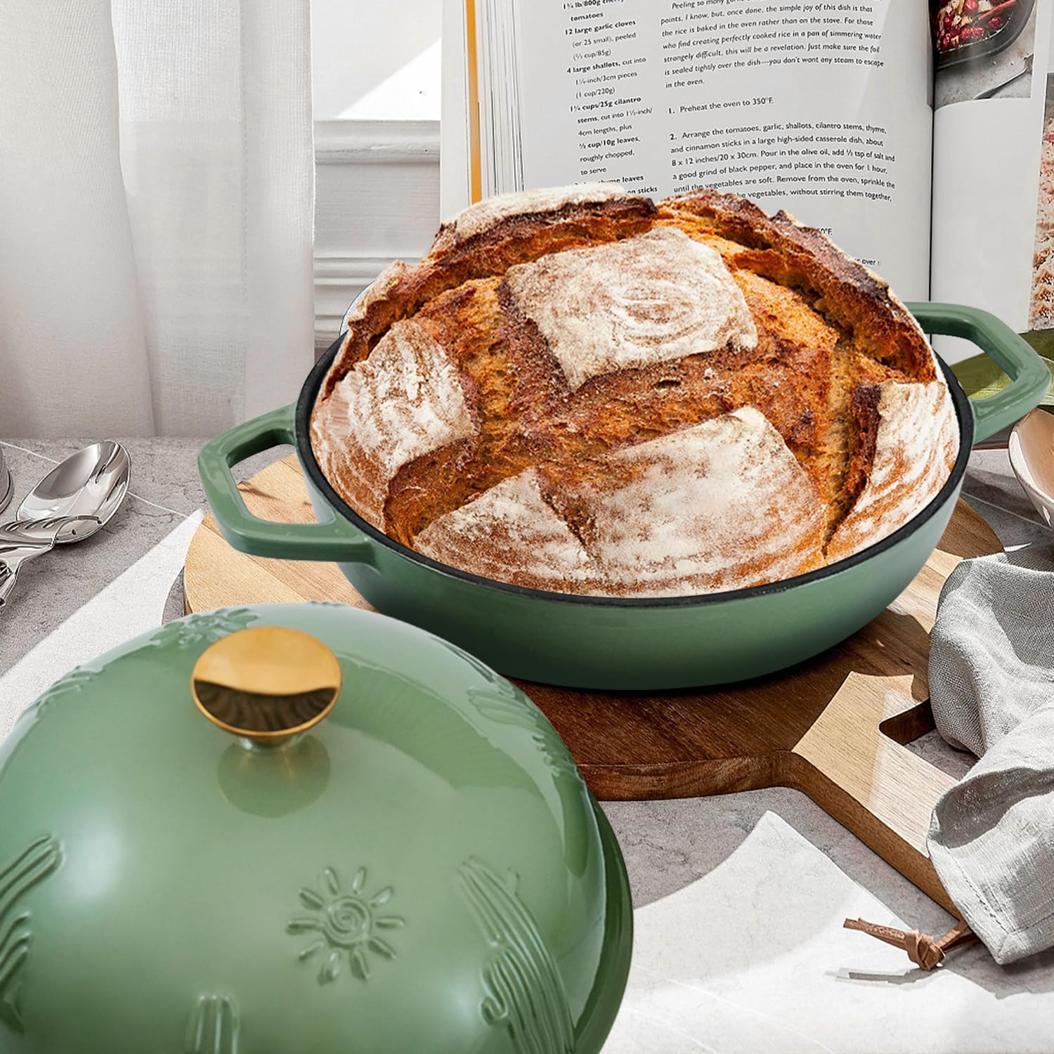 Flavehc Bread Oven Cast Iron Bread Dutch Oven with Cloche Lid for Bread Baking Darkcyan Enameled Cast Iron Bread Oven with Dome Lid for Sourdough 5 qt