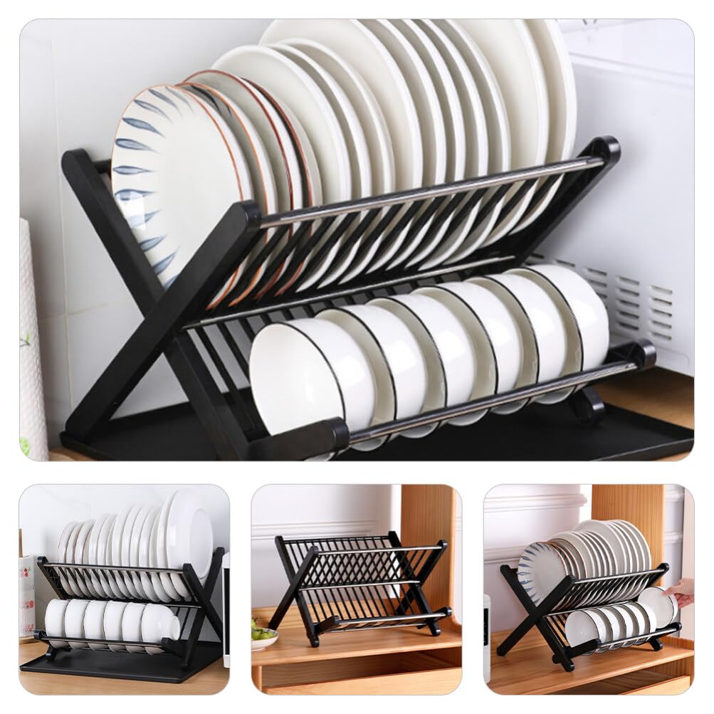DOITOOL Stainless Steel Dish Drying Rack for Kitchen Counter: 2-Tier Dish Drainer Kitchen Plate Rack with Drainboard - Foldable and Compact for Space-Saving Storage, Black