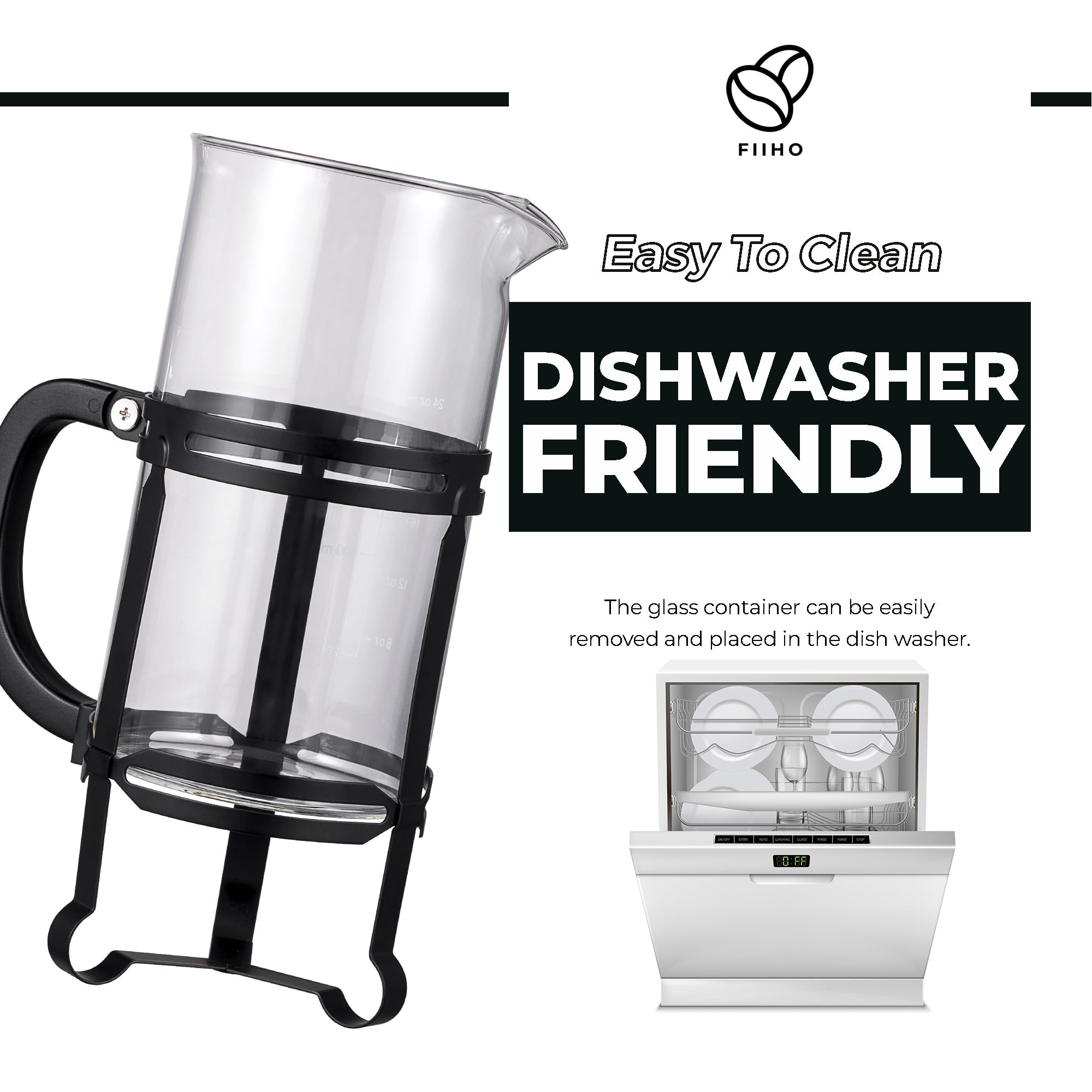 French Press Coffee Tea Maker(21oz),304 Stainless Steel Coffee Press with 4 Filters Screen-100% No Residue -German Heat-Resistant Borosilicate Glass- BPA FREE -Dishwasherable,Black