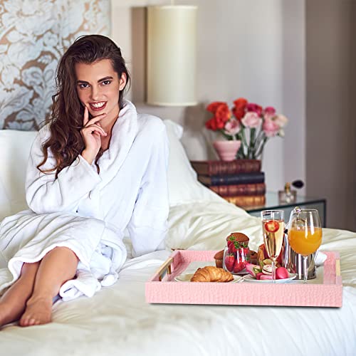 Serving Tray with Handles, 17.1βx11.8β PU Leather Ottoman Tray, Rectangle Coffee Table Tray, Modern Elegant Decorative Tray for Breakfast Tea Food Drinks Jewelry Living Room Kitchen Vanity,Pink