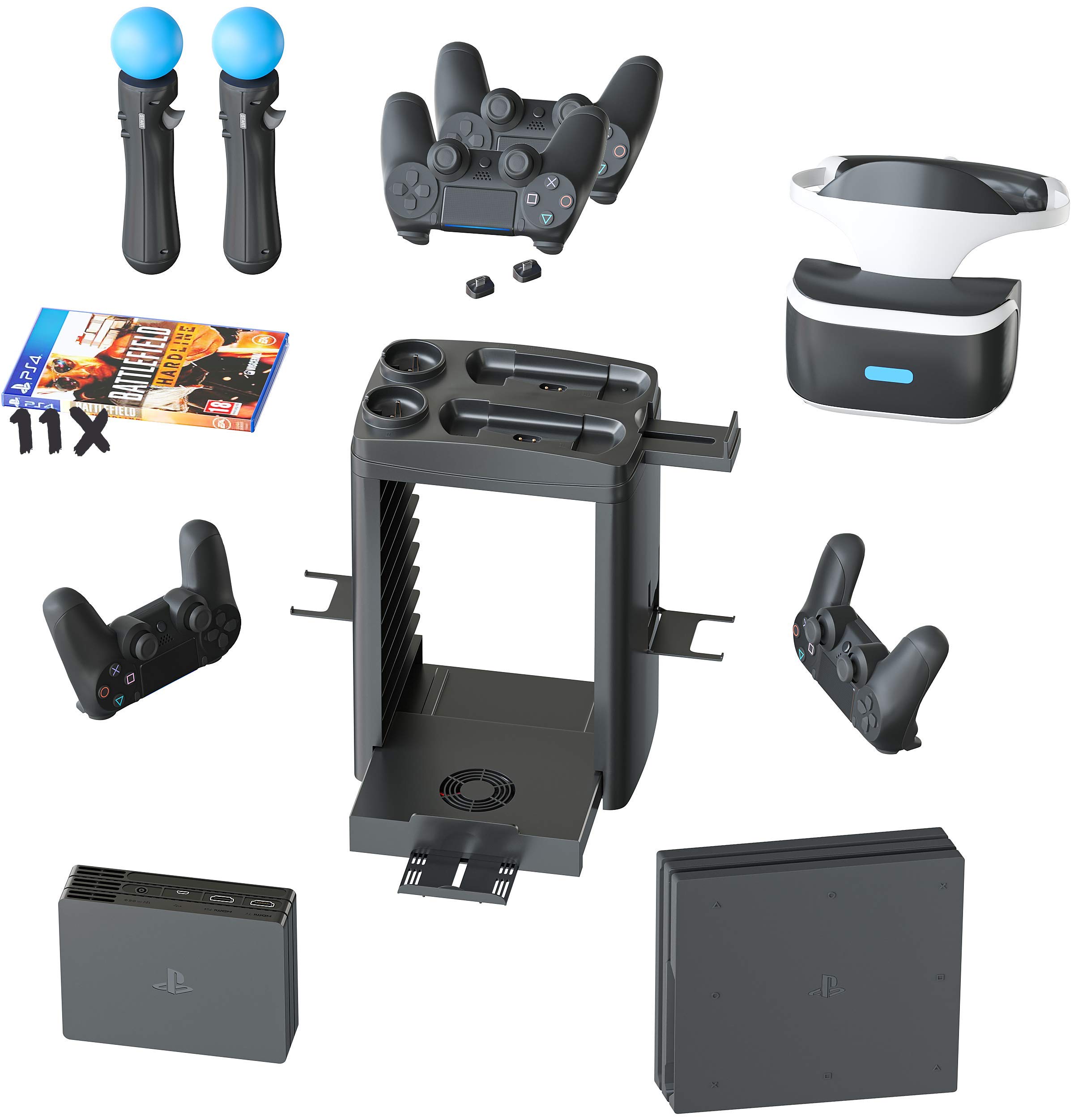 Skywin- Charging Station Compatible with PS4 VR Headset, PSVR Charging Station Stand with Game Disc Rack, Headset and Console Stand, Cooling Fan, Controller Charger and USB Hub - Multipurpose VR Stand