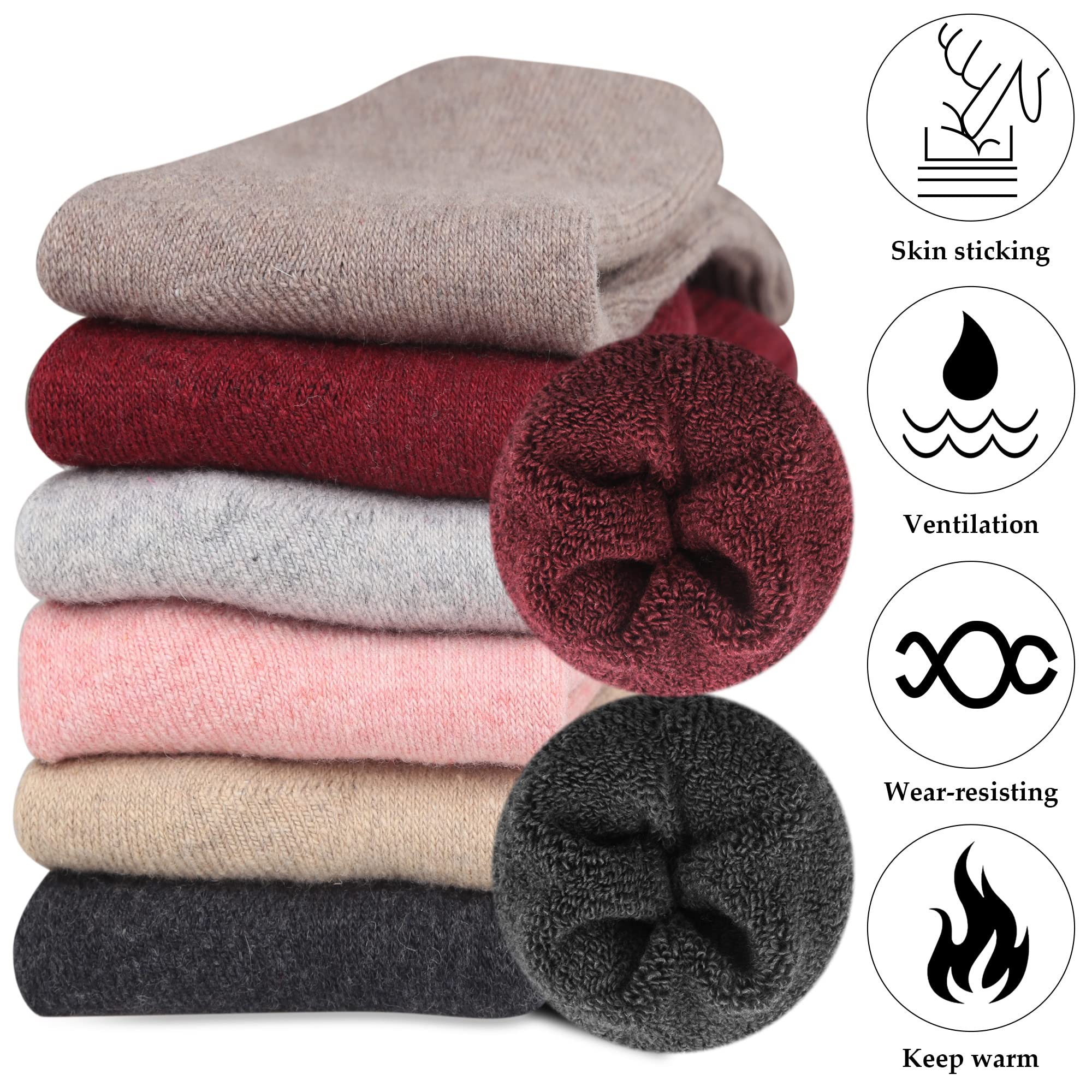 COZYOFFI 3 Pairs Wool Socks for Women Winter Warm Thick Knit Gifts Crew Socks (Wine/Pink/Light Brown)