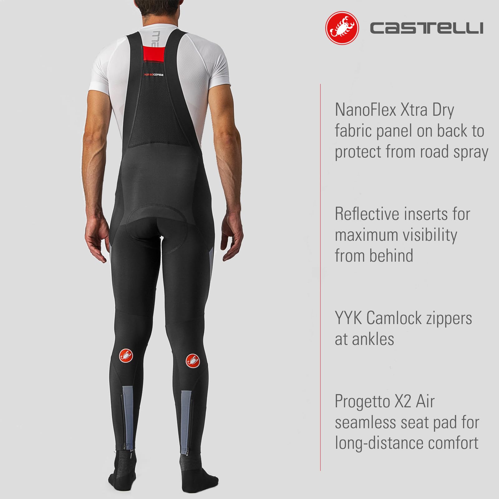 Castelli Men's Sorpasso ROS Bibtight for Road and Gravel Biking I Cycling - Black/Silver Reflex - Large