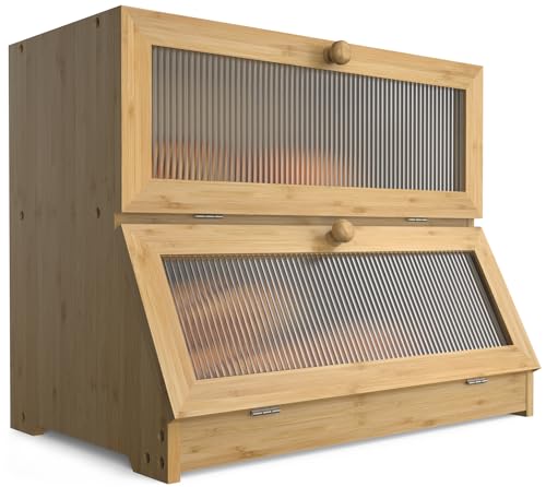 LOHASOK Double Layer Bamboo Bread Box for Kitchen Counter-Large Capacity Bread Storage Container Farmhouse Bread Box with Window Bread Holder… (Natural Bamboo)