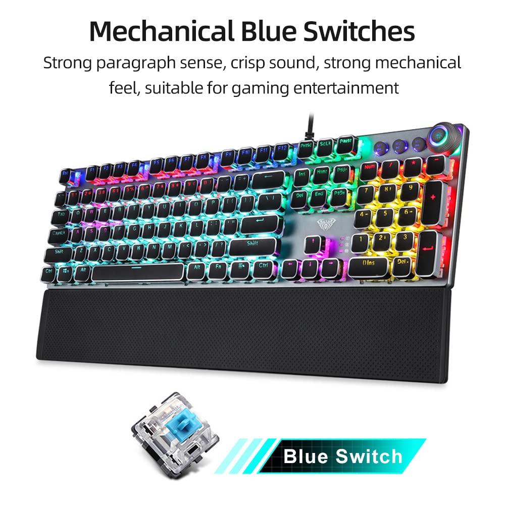 Docooler Wired Mechanical Keyboard 104 Keys Blue Switches Gaming Keyboard with 22 Mixed Light Effect, Multimedia Buttons, Metal Panel and Magnetic Suction Wrist Rest