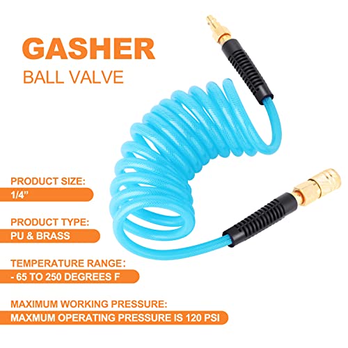 GASHER 1/4" x 10FT Reinforced Polyurethane Recoil Air Hose with Bend Restrictor, 1/4" Industrial Quick Coupler and Plug