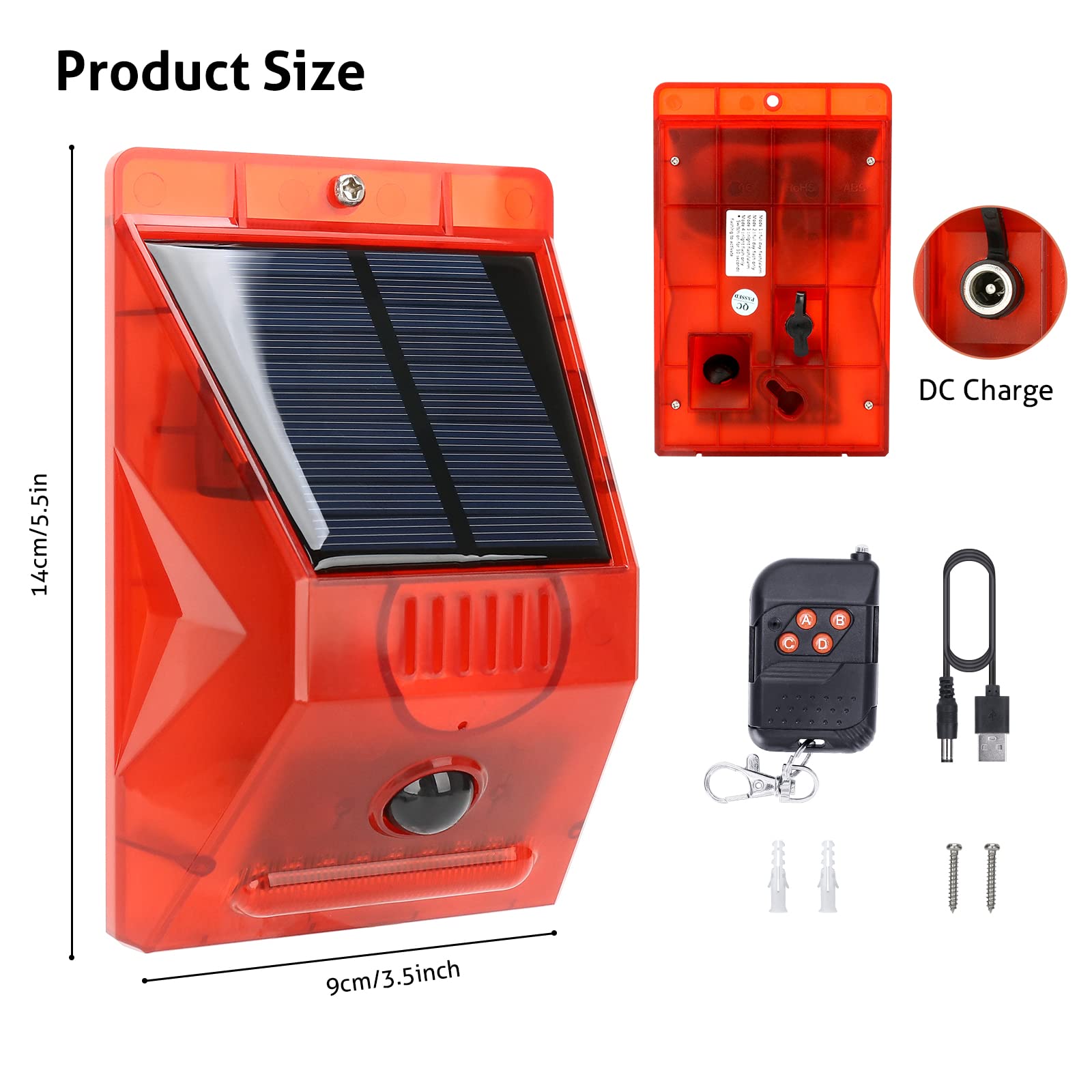 Outdoor Alarm Siren with Motion Detector Solar Alarm Light with Remote Controller 129db Sound Security Siren IP65 Waterproof 24 Hours & Night Mode for Home, Farm, Villa, Yard