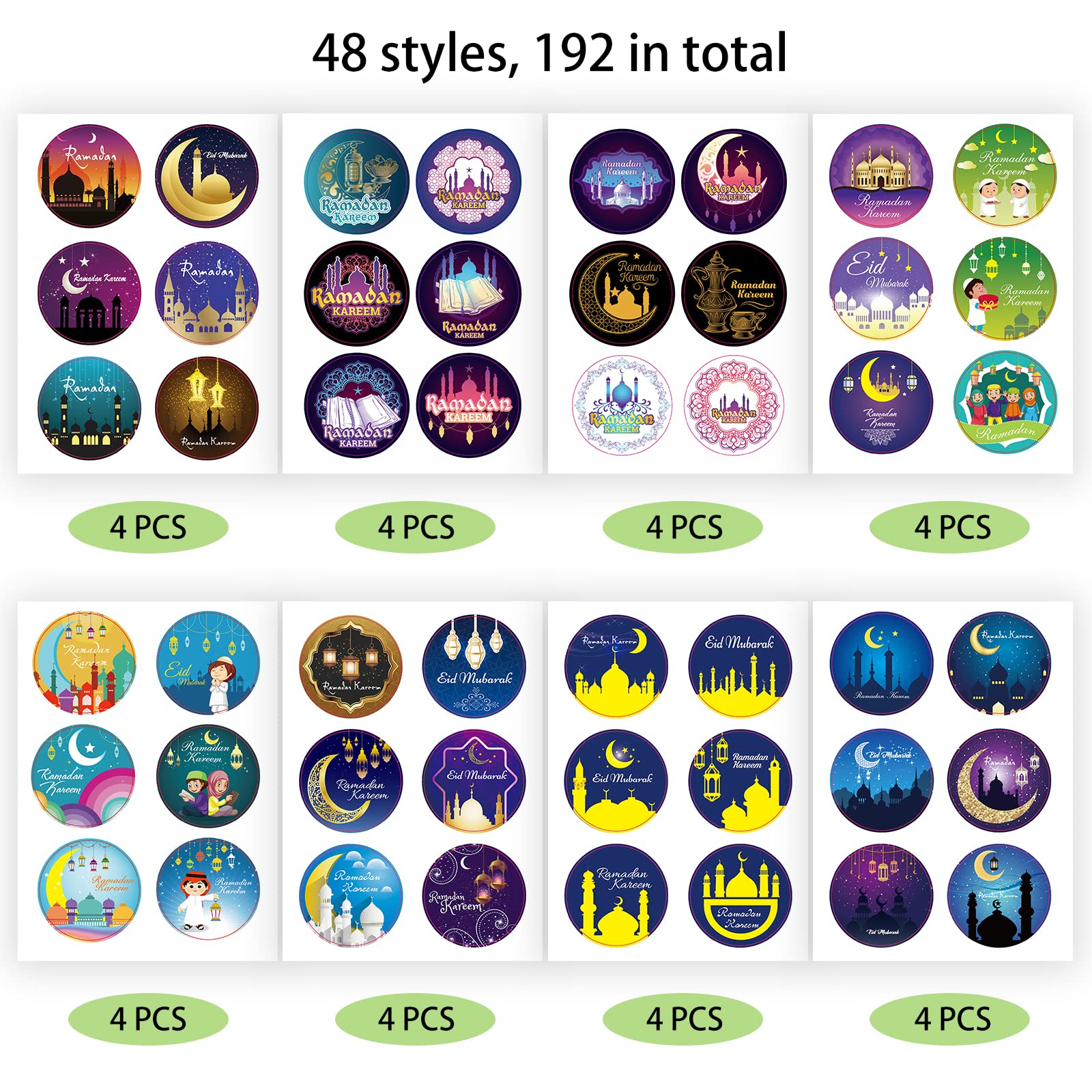 Lucleag 192 PCS Ramadan Stickers, Ramadan Kareem Envelopes Stickers, Eid Mubarak for Kids, Round Ramadan Mubarak Sticker for Eid Gifts Envelope Seals Candy Greeting Cards Party Favor