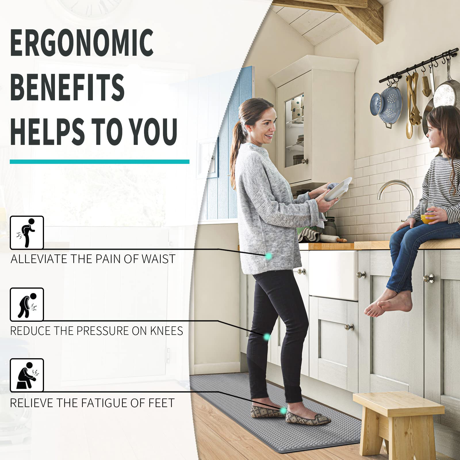 DEXI Kitchen Rugs Anti Fatigue Cushioned Comfort Standing Mats 2 Pieces Set Waterproof Runner Mats Easy to Clean 17"x59"+17"x79" Grey