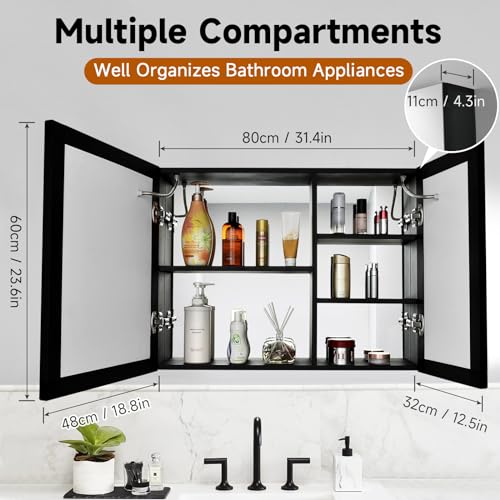Fitsai Bathroom Medicine Cabinet with Light,LED 2-Door Bathroom Mirror Cabinet,31.5 x 23.6 Inch,with Defogger,Dimmer,Surface Mount,Black