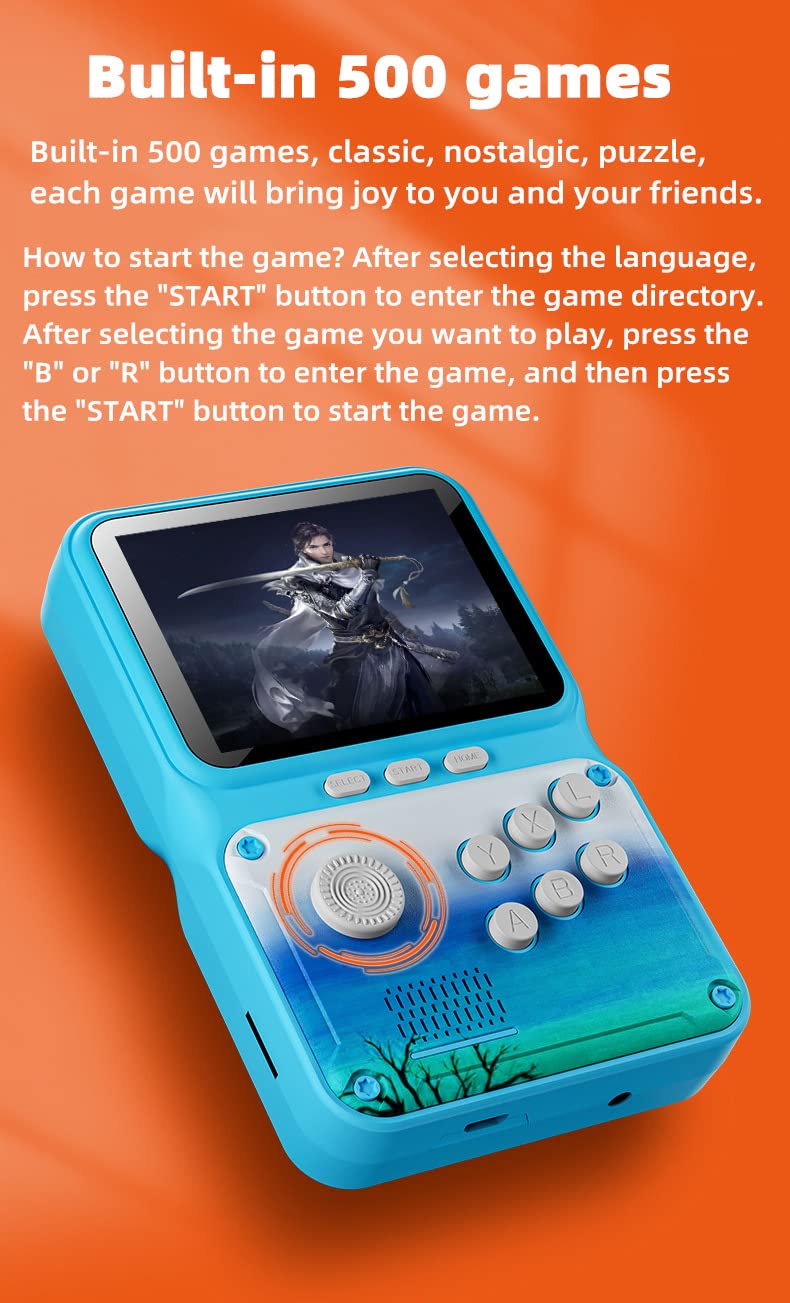CZT 3.0 inch Colorful Double Game Console Retro Handheld 500-in-1 Nostalgic Video Game can be Connected to TV Multi-Language Rechargeable Lithium Battery Children's Student Gift (Blue)