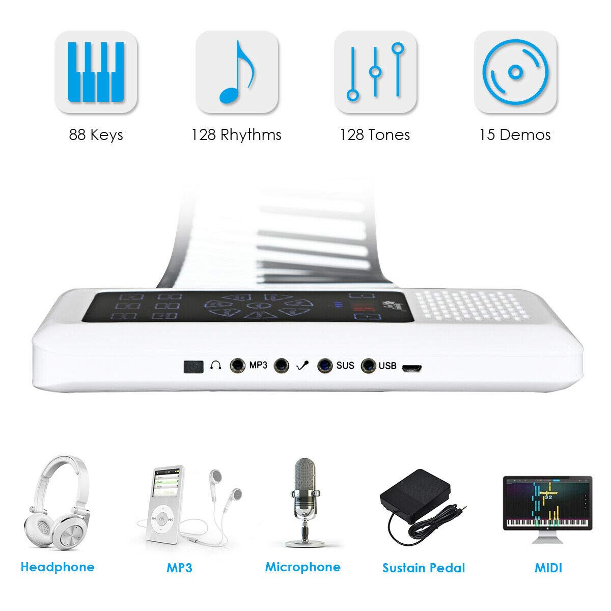 Costzon Roll Up Piano - Electronic 88 Keys Portable Piano Upgraded Silicone Touch Panel Keyboard with Bluetooth, MP3, Sustain Pedal, Recording, Built-in USB Rechargeable for Beginners Gift (White)