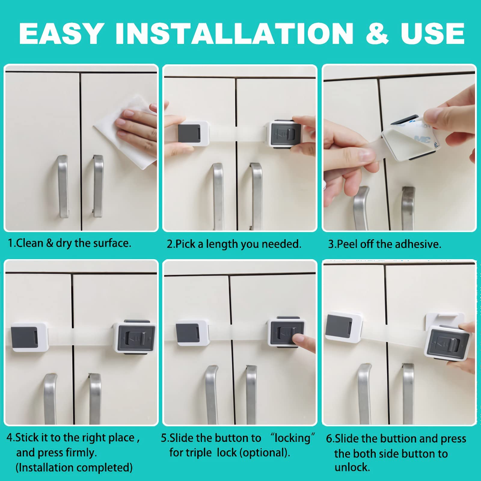 FANYAQIN Child Locks for Cabinets, 6-Pack Upgraded Double Lock System Child Safety Cabinet Locks with Adjustable Strap, Multi-Purpose Baby Locks for Cabinets and Drawers, Refrigerator, Oven, Toilet