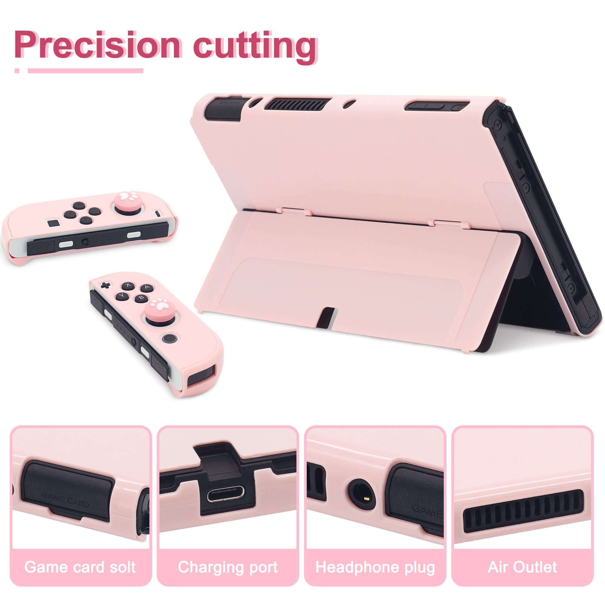 BRHE Cute Dockable Case Compatible with Nintendo Switch OLED 2021 [New Upgrade] Protective Grip Skin Cover with Tempered Glass Screen Protector and Thumb Stick Caps (Pink)