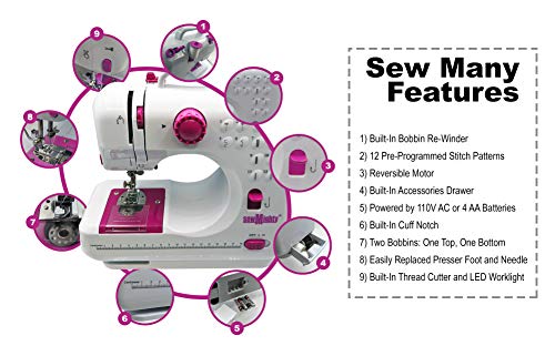 Sew Mighty Mini Sewing Machine β Portable, Battery & AC Powered, 12 Programmed Stitch Patterns, Dual Speed β Sews Forward & Reverse, AC Power or Battery Operated β Includes Foot Pedal