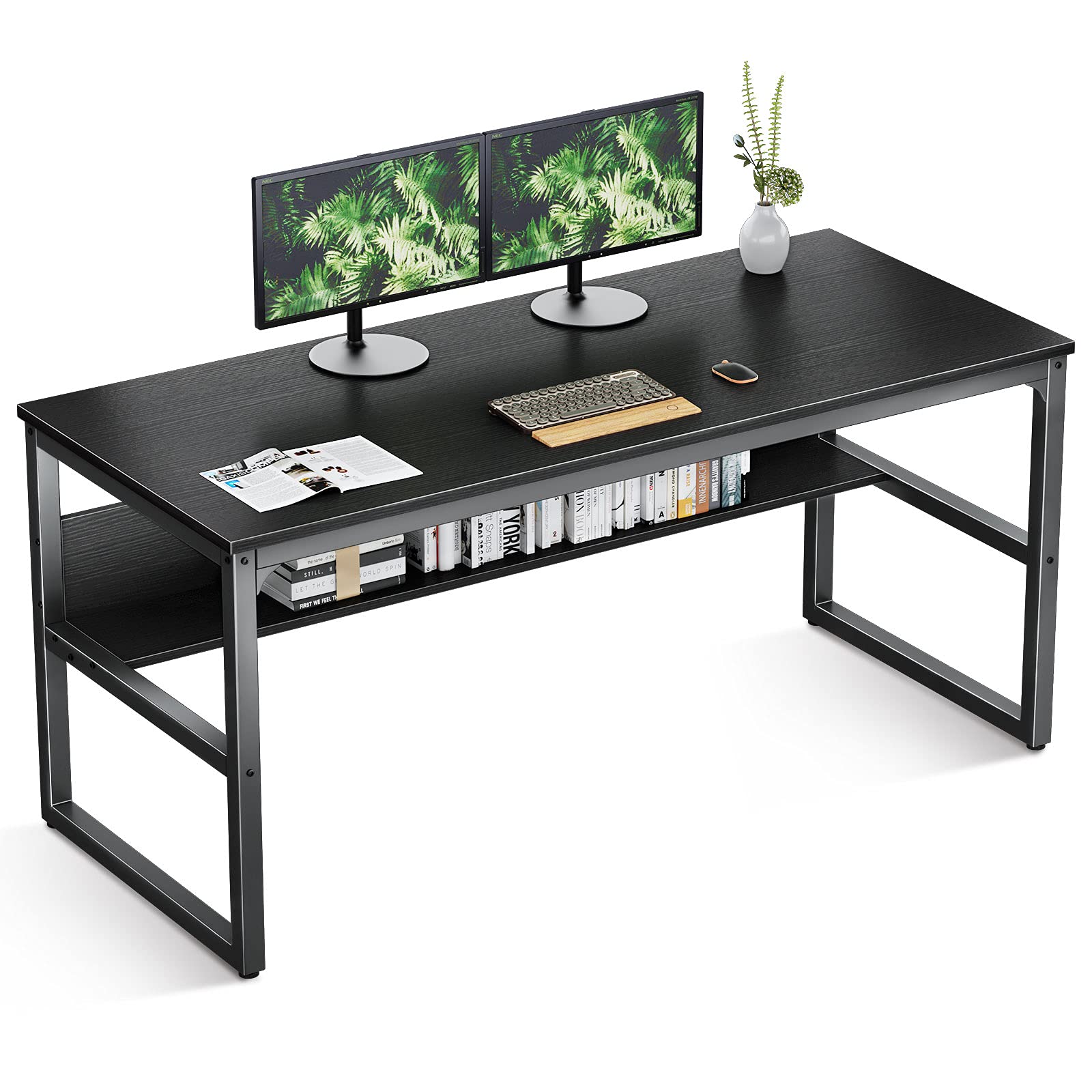 Coleshome Black Computer Desk with Hutch Bookshelf, 55" Office Desk with Storage Drawers, Super Sturdy Writing Desk for Home Office