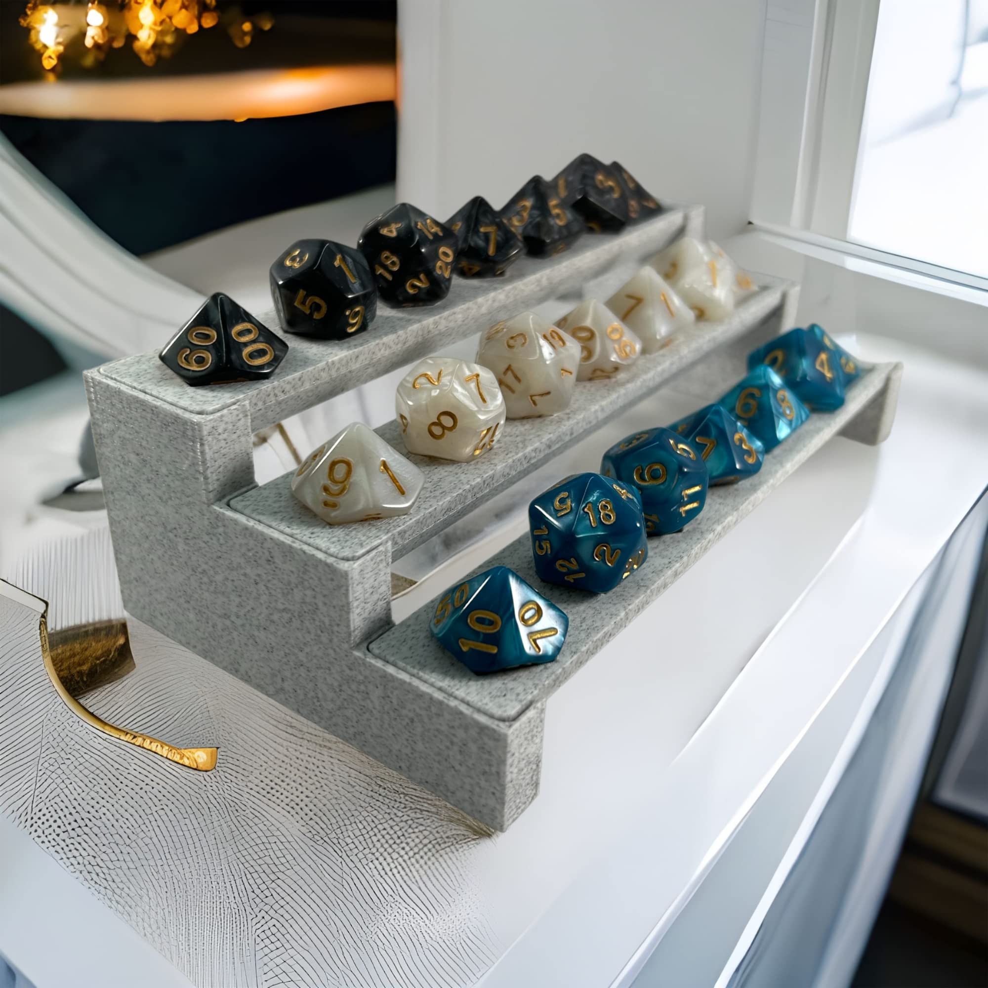 DND Dice Holder, Dungeons and Dragons Accessories, 3 tier Dice Display Rack, 10 Second Assembly, D&D Dice Tray storage Shelves, D N D Dice Display, Holds 3 sets of Polyhedral Dice, Dice not included