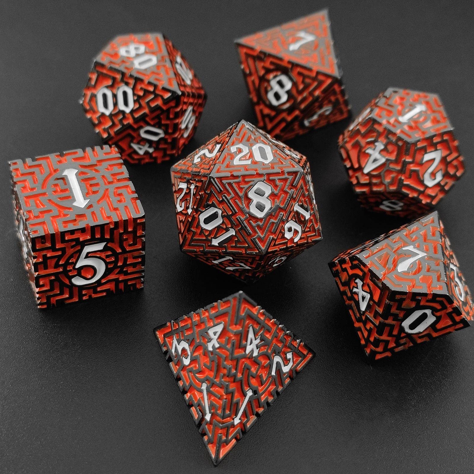 DND Metal Dice Set D&D Dungeons and Dragons Dice Polyhedron RPG Pathfinder MTG Table Games D and D Accessories 7pcs D20 D12 D10 D% D8 D6 D4 with Black Leather Bag Gift-Nickel Orange White