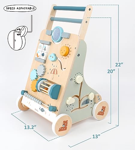 PairPear Wooden Baby Walker Push and Pull Toys,Toddler Speed Adjustable Push Walker Activity Cencer with Shape Sorter Toys Gift for Boys Girls 1 2 3 Years