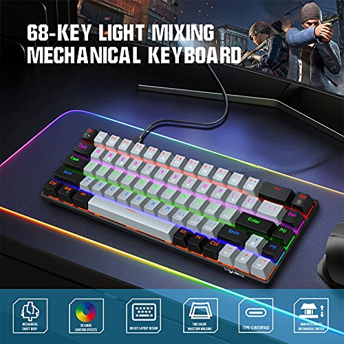 Charella 68 Key Mechanical Keyboard Type-C Wired RGB Led Backlit Blue/Red Axis Gaming Mech Keyboard WV9