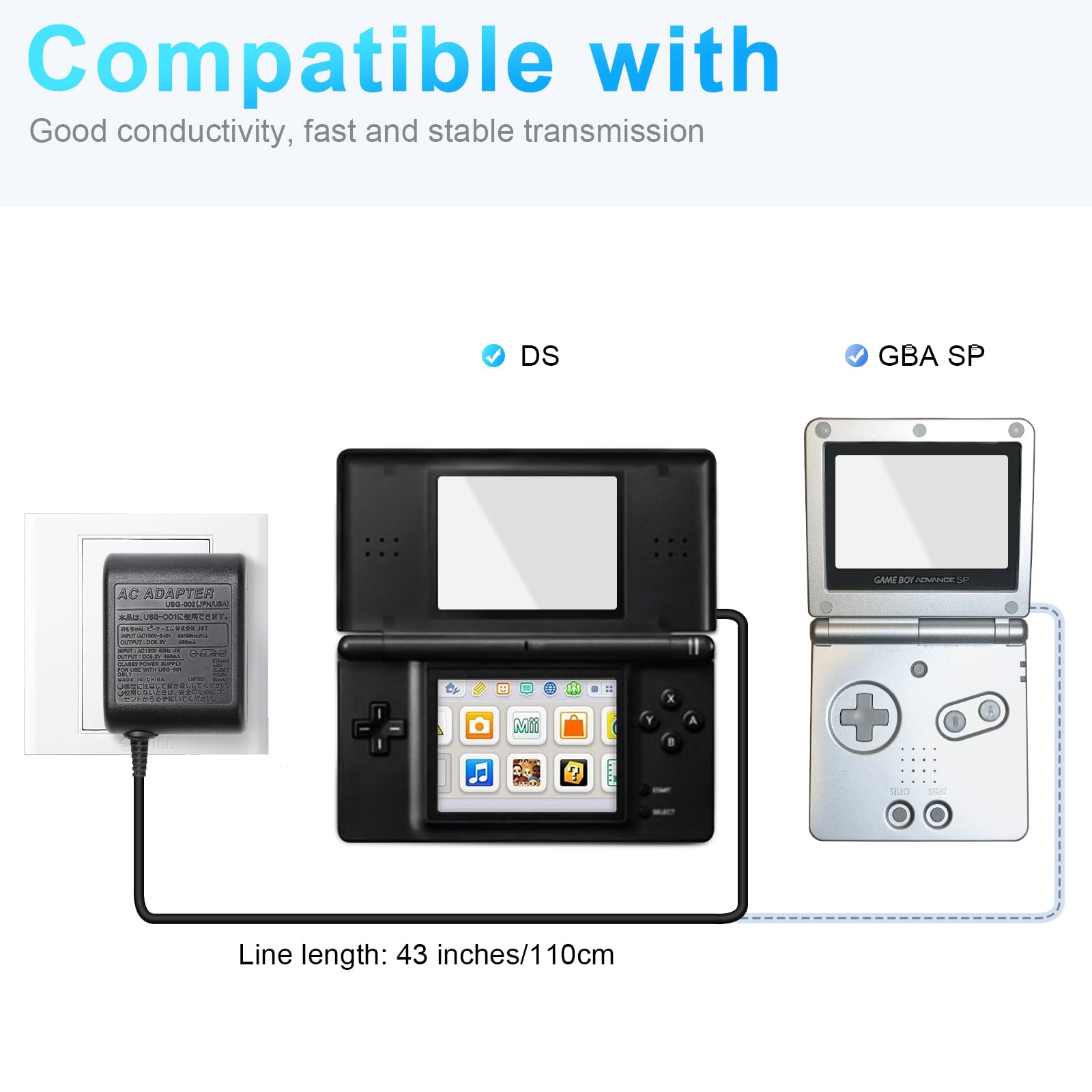 Charger for Gameboy Advance SP, AC Adapter Compatible with Nintendo DS, GBA SP Charger Wall Travel Charger Power, 5.2v 450mAh