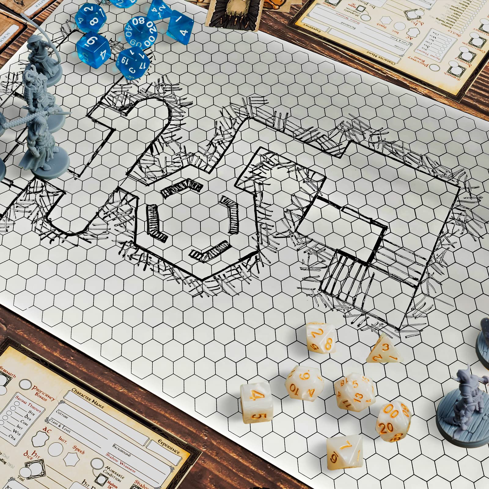 DND RPG Gaming Mat Silicone Battle Board Double-Sided Square & Hex 23"x35" - Foldable and Rollable - Perfect for Dungeons Dragons, Pathfinder and Role Playing Game
